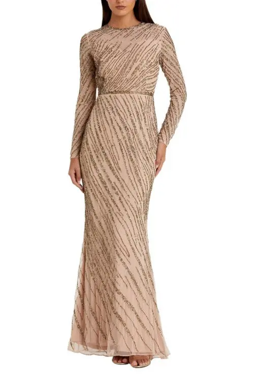 Mac Duggal Long Sleeve Beaded Column Gown - Mocha