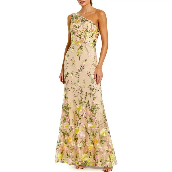 Mac Duggal One-shoulder Embroidered Lace Gown