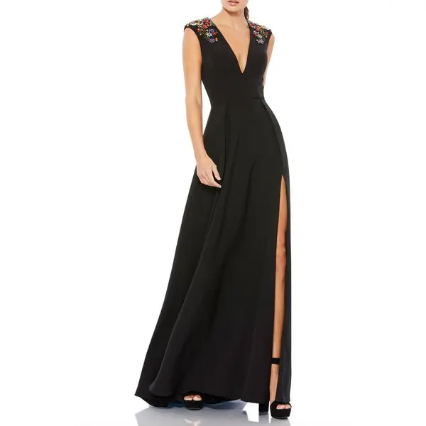 Mac Duggal Beaded V-neck Gown - Black