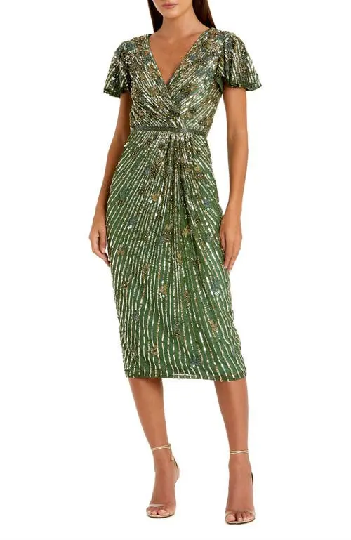 Mac Duggal Embellished Faux Wrap Flutter Sleeve Midi Dress - Sage