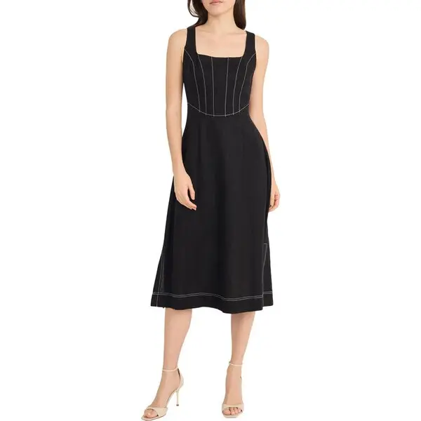 Maggy London Contrast Topstitch Linen Blend Midi Dress