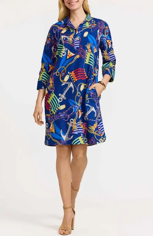 Foxcroft Sloane Nautical Print Linen Blend Shirtdress