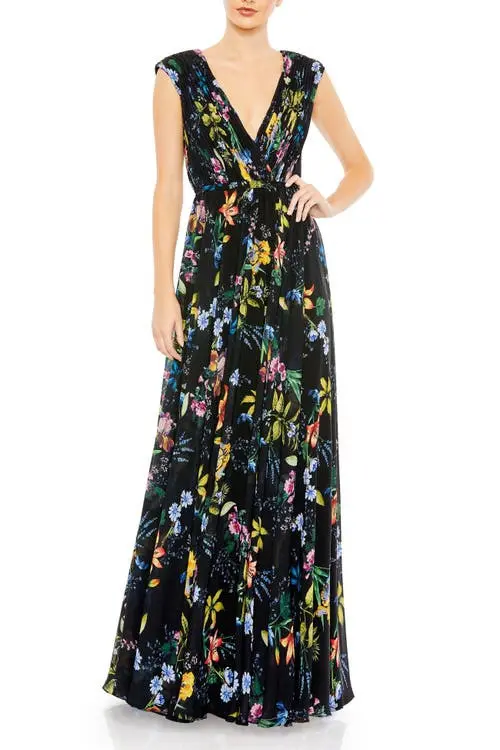 Mac Duggal Pleated Floral A-line Gown - Black Multi