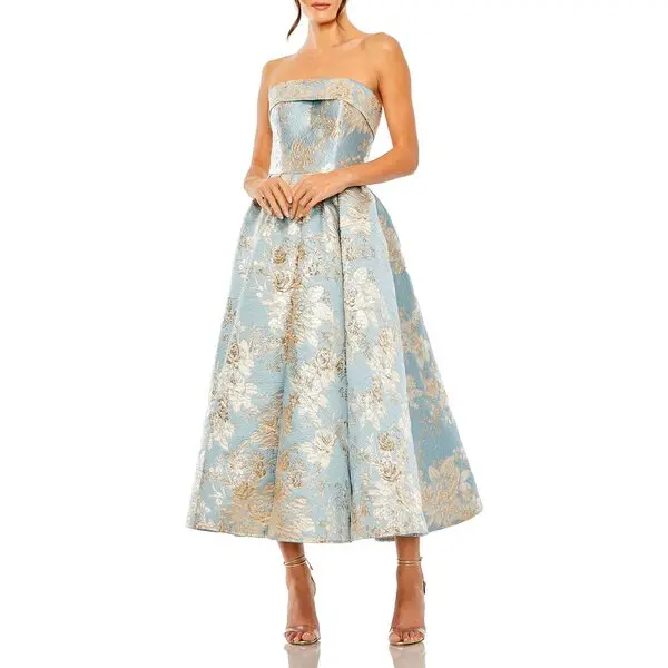 Mac Duggal Strapless Brocade Midi Dress With Pockets - Blue Multi