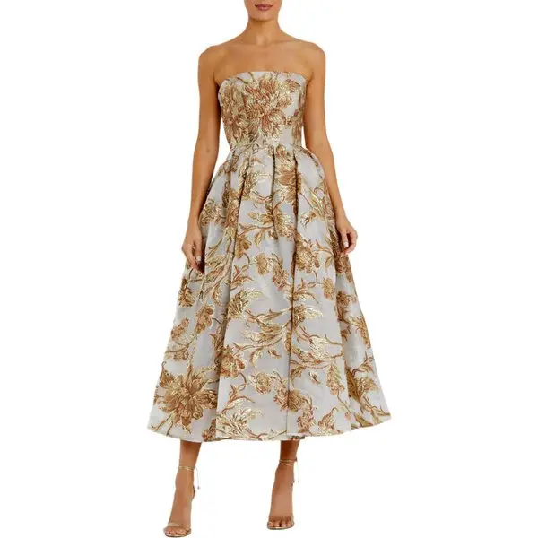 Mac Duggal Strapless Brocade Midi Dress - Bronze