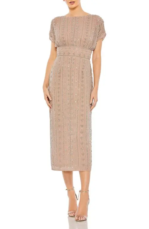 Mac Duggal Beaded Cap Sleeve Column Midi Dress - Dark Mocha