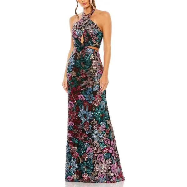 Mac Duggal Sequin Embellished Cross Neck Gown - Black Multi