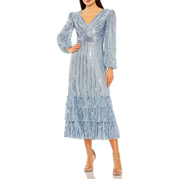 Mac Duggal Long Sleeve Tiered Ruffle Sequin Dress - Slate Blue