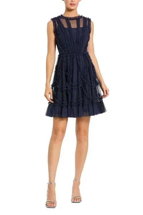 Mac Duggal Sleeveless Ruffle High Neck Mini Dress - Indigo