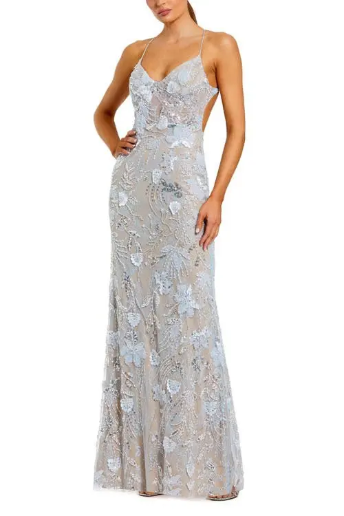 Mac Duggal Floral Embroidered Open Back Gown
