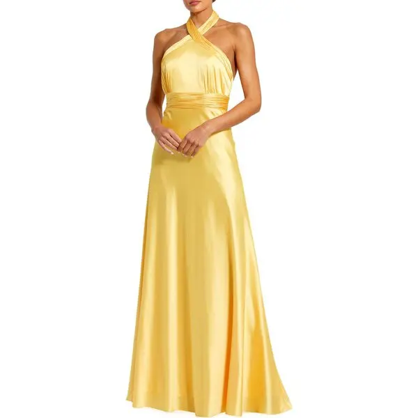 Mac Duggal Ruched Halter Neck Satin Gown - Lemon