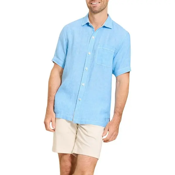 Tommy Bahama Paradise Breezer Short Sleeve Linen Button-up Shirt - Glass Bead Blue
