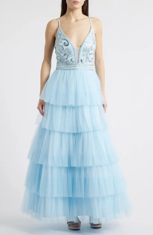 JUMP APPAREL Beaded Bodice Ruffle Tulle Gown