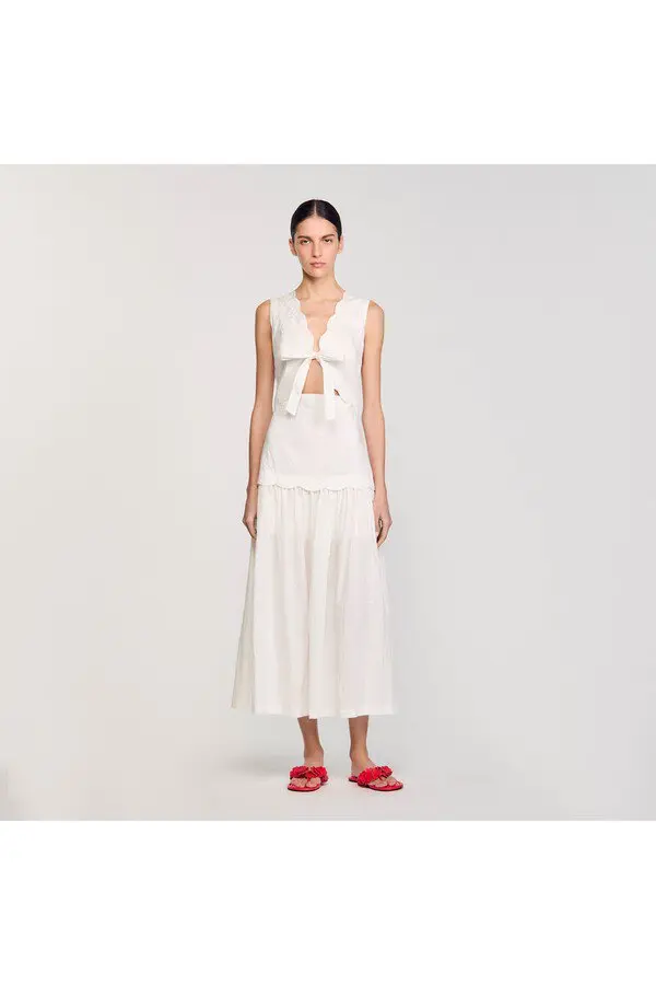 Sandro Crinkled Maxi Dress With Bow - Neutral / White