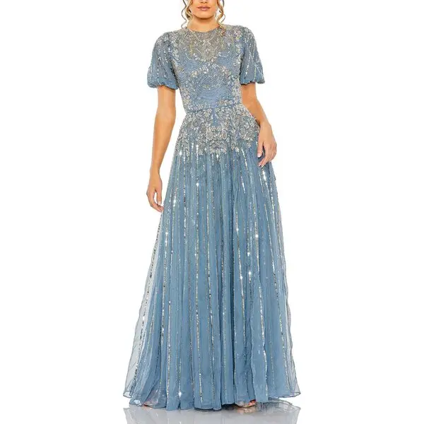Mac Duggal High Neck Embellished A-line Gown - Slate Blue