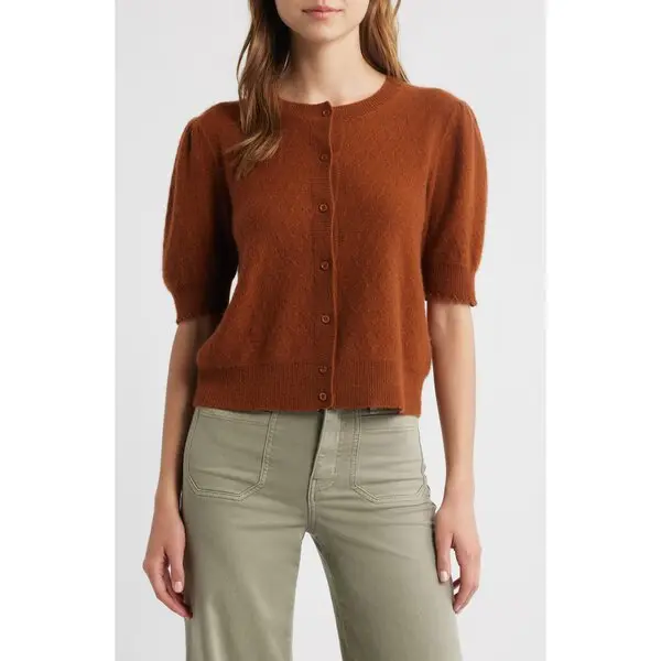 FRAME The Cashmere Pointelle Puff Sleeve Cardigan - Chestnut