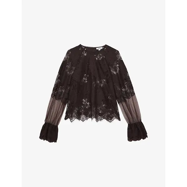 REISS Emilia Flared-cuff Lace Blouse - Chocolate Brown