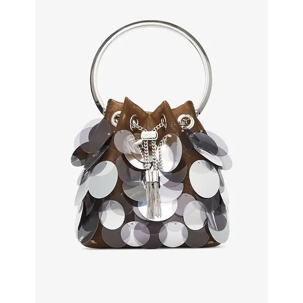 JIMMY CHOO Bon Bon Disc-embellished Top-handle Bucket Bag - Biscuit/silver
