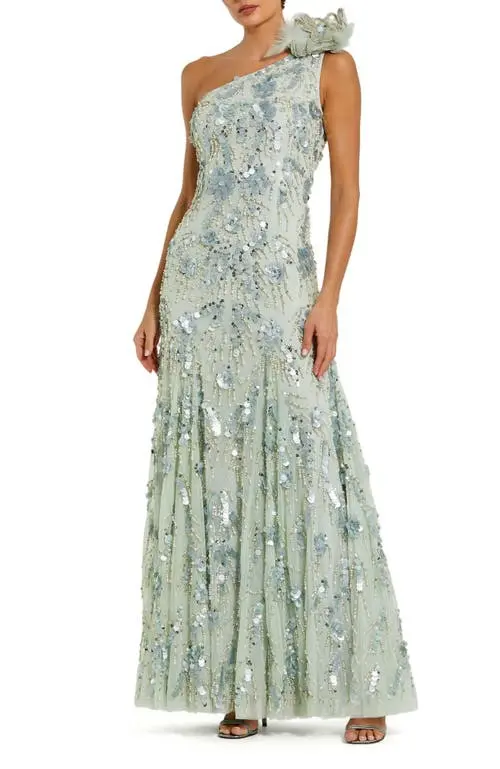 Mac Duggal One-shoulder Beaded Trumpet Gown - Sage