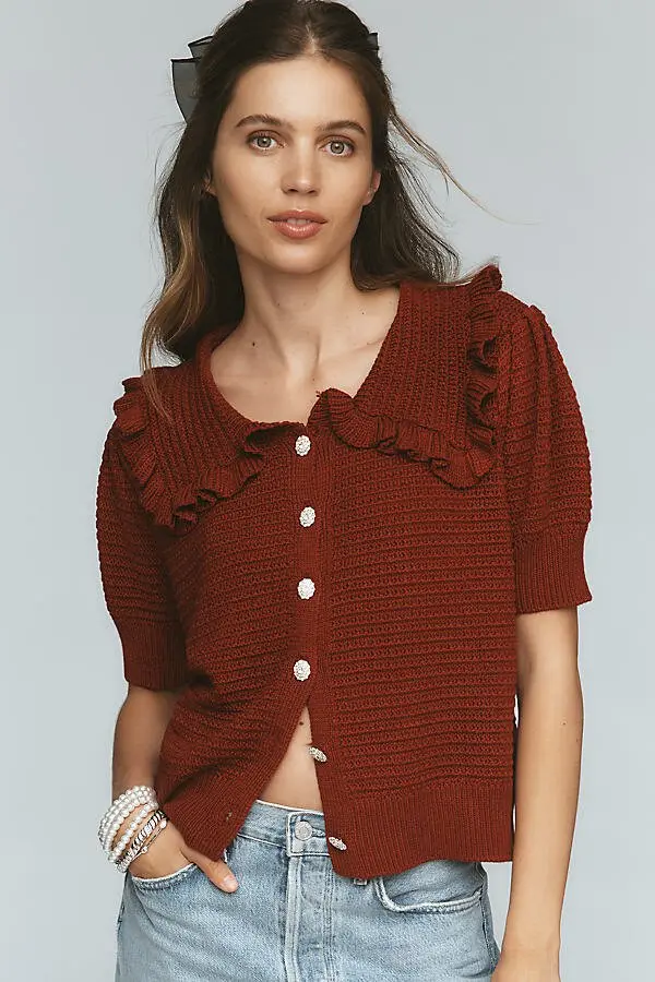 SELF CONTRAST Ainsley Ruffle-collar Short-sleeve Cardigan Sweater - Deep Red