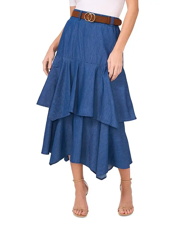 CECE DUPRAZ Three Tier Belted Denim Midi Skirt