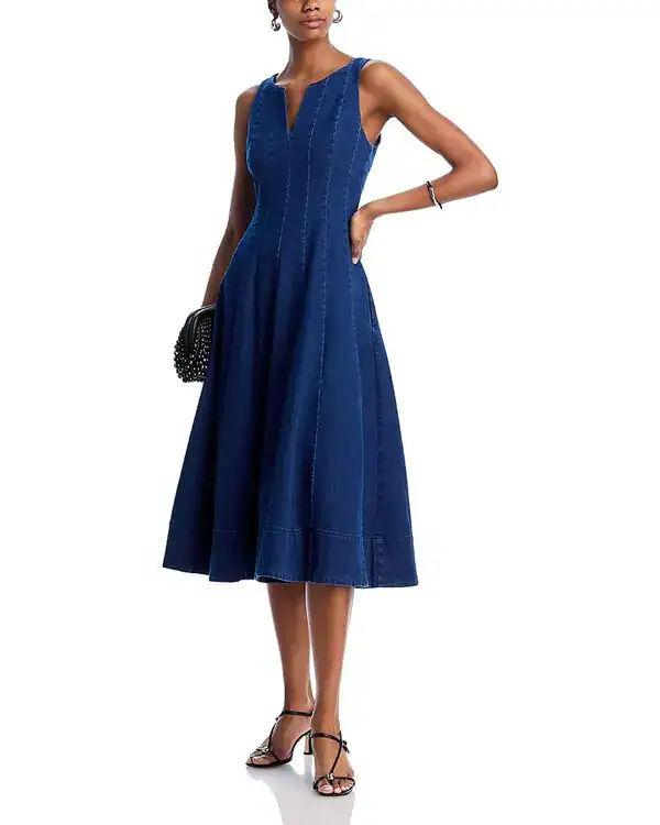 Aqua Denim Panel V-Neck Midi Dress In Dark Wash - 72% Off | Editorialist