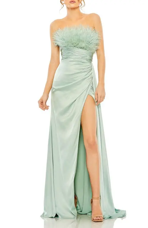Mac Duggal Strapless Feather Detail Satin Gown - Seafoam