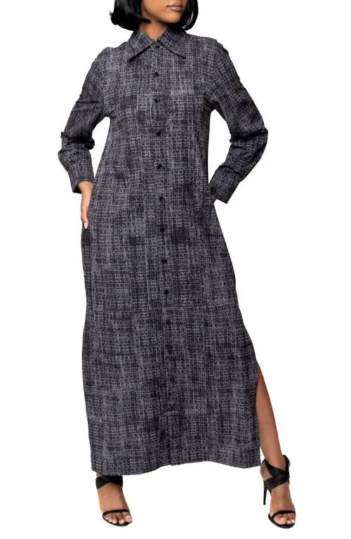 DAI MODA Bali Abstract Print Long Sleeve Double Slit Maxi Shirtdress - Charcoal