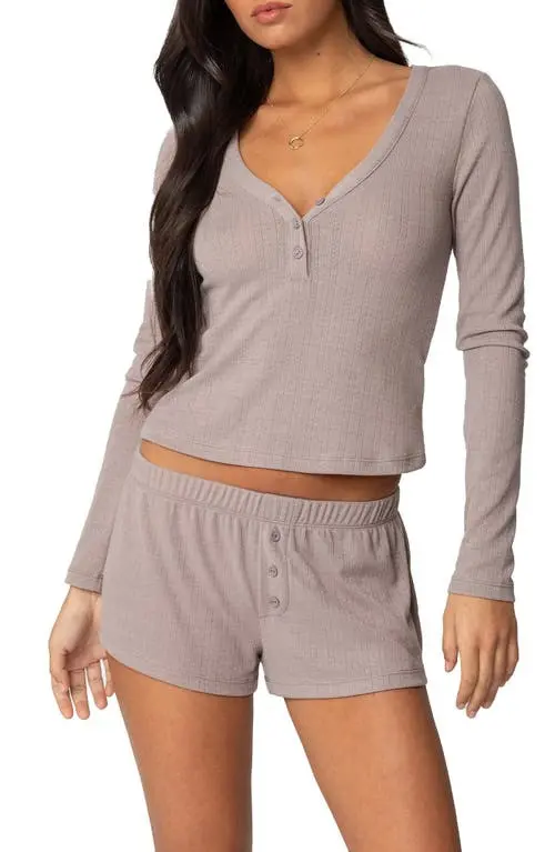 EDIKTED Keely Pointelle Henley Top - Brown