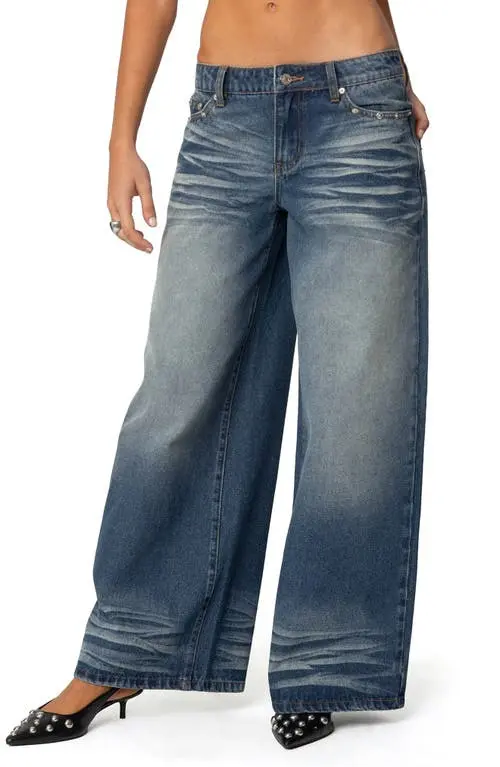 EDIKTED Faux Leather Pocket Wide Leg Jeans - Blue
