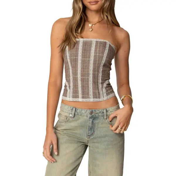 EDIKTED Jaiden Plaid Corset Top