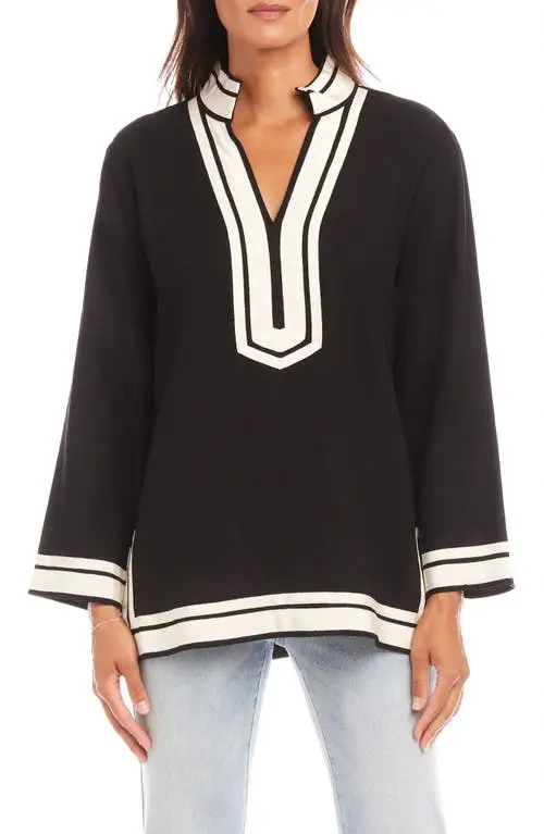Karen Kane St. Tropez Linen Blend Tunic Top - Black/ Cream