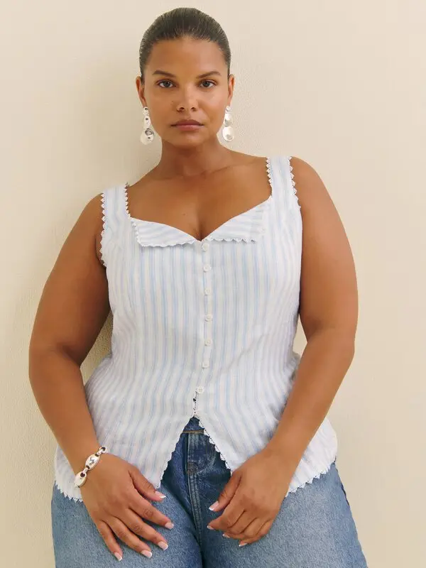 REFORMATION Viola Linen Top - Swan Stripe