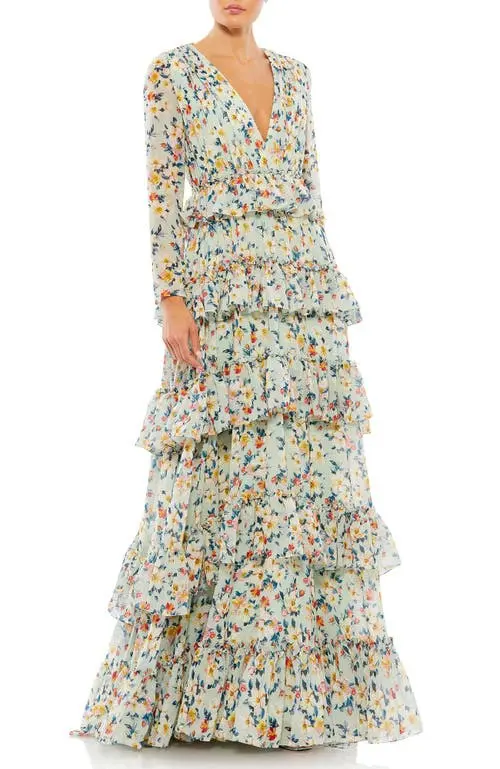Mac Duggal Floral Printed Tiered Ruffle Gown