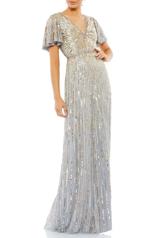 Mac Duggal Embellished Butterfly Sleeve Column Gown - Platinum