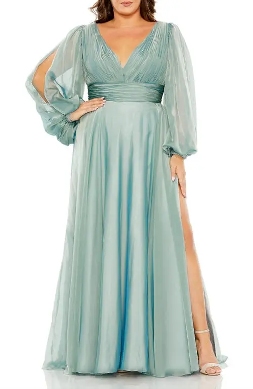 Mac Duggal Chiffon Gown With Embellished Sleeves - French Blue