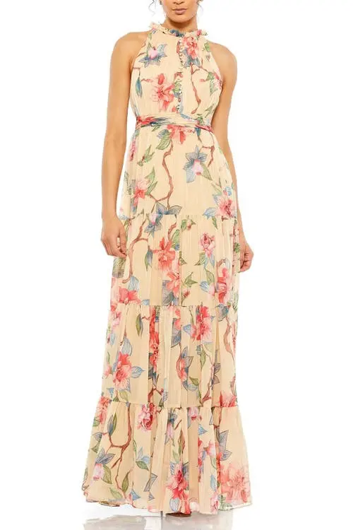 Mac Duggal Floral Button High Neck Maxi Dress