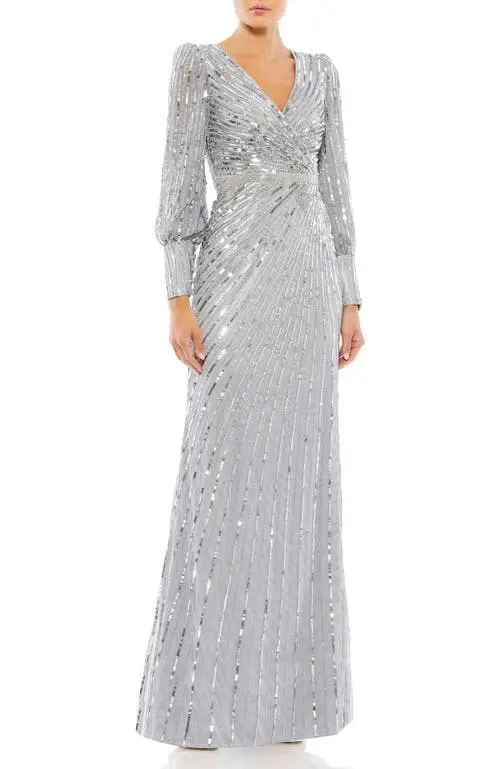 Mac Duggal Sequined Wrap-over Gown - Silver