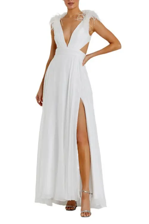 Mac Duggal Feather-trim Plunge A-line Gown - White