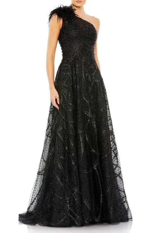 Mac Duggal One-shoulder Feathered Gown - Black