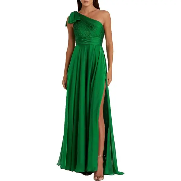 Mac Duggal Pleated One Shoulder Chiffon Gown - Emerald