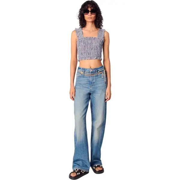 Maje Gingham Smocked Crop Top - Navy/white