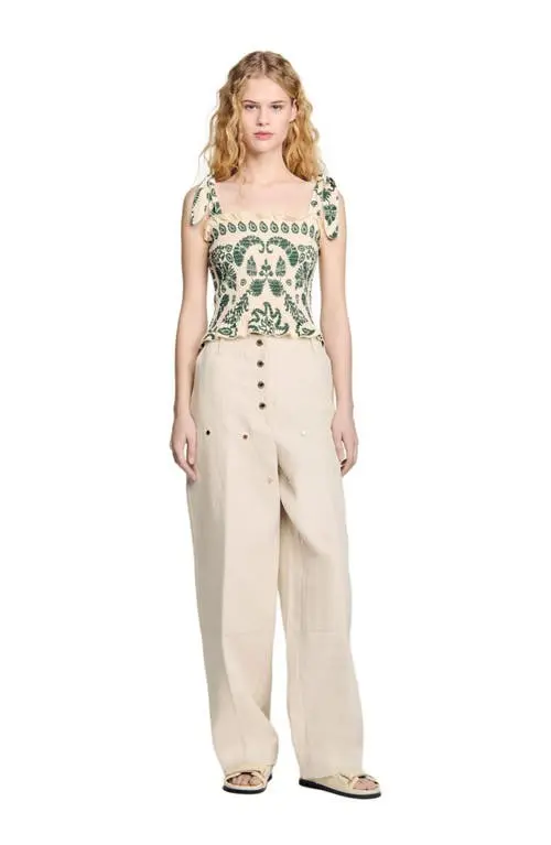 Sandro Floral Smocked Crop Top - Ecru / Green