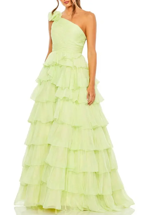 Mac Duggal One-shoulder Ruffle Tiered Ballgown