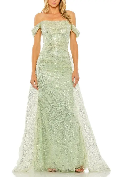 Mac Duggal Off-the-shoulder Sequin Gown With Train - Sage