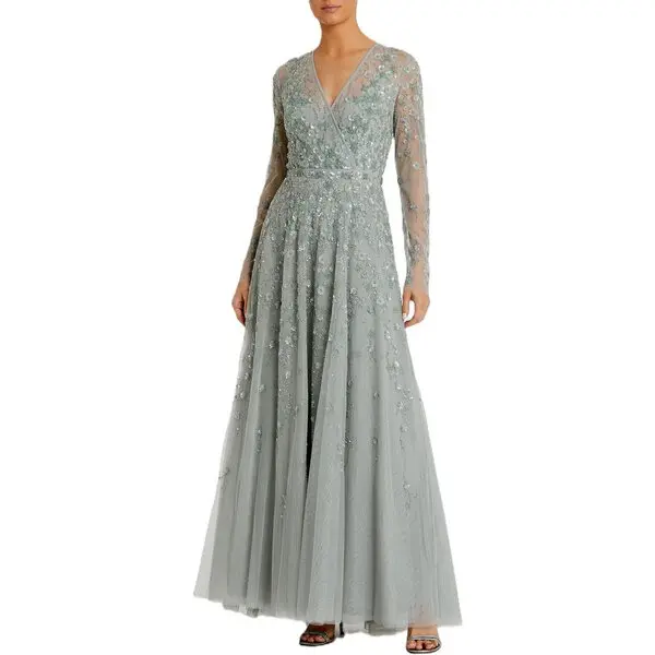Mac Duggal Embellished Illusion Long Sleeve Gown - Sage
