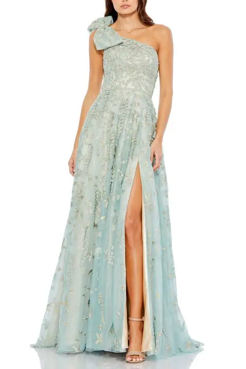 Mac Duggal Embellished Bow One Shoulder A-line Gown