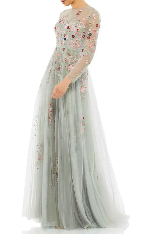 Mac Duggal Embroidered Illusion High Neck A-line Gown - Platinum Multi