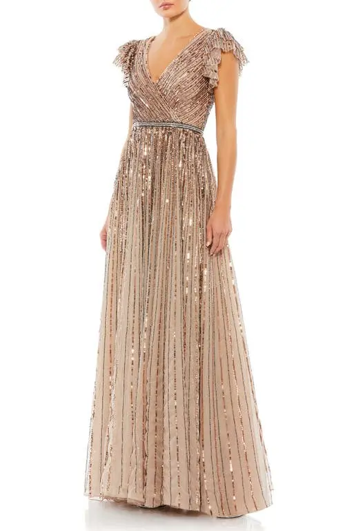Mac Duggal Sequined Wrap-over Gown With Ruffled Cap Sleeves - Copper
