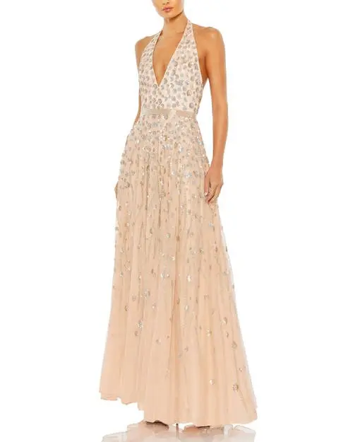 Mac Duggal Floral Embellished Halter A-line Gown